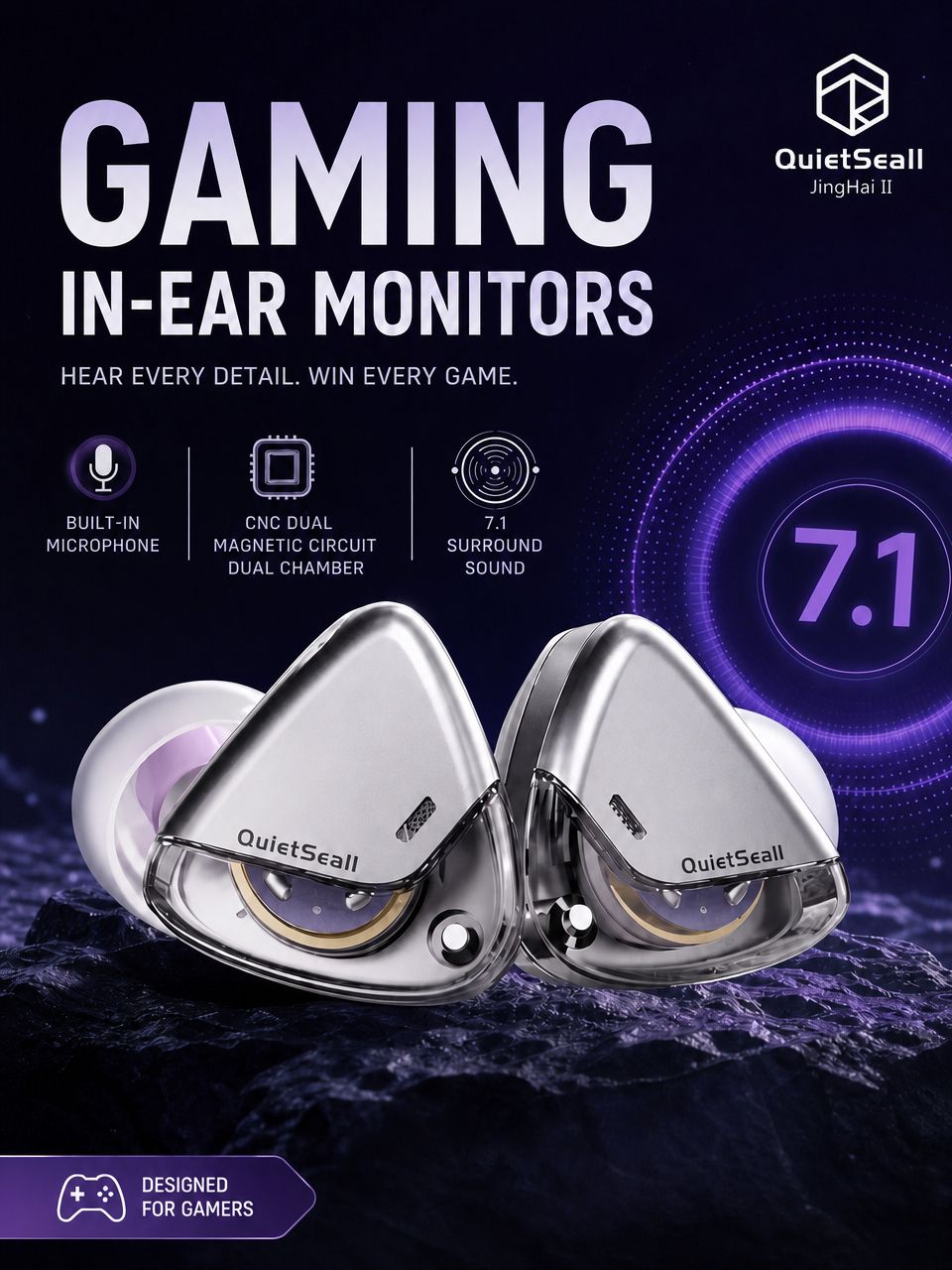 Игровые проводные наушники Rose Technics Quiet Sea II Gaming, внутриканальные Hi-Fi IEM с микрофоном и внешней звуковой картой 7.1 (латунный позолоченный драйвер, для ПК /телефона)