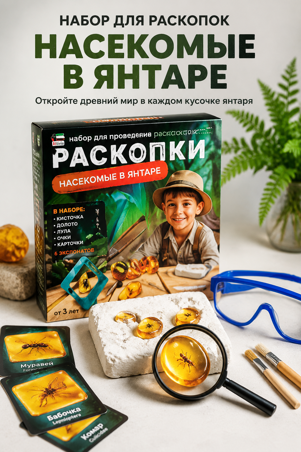 Набор для раскопок «Насекомые в янтаре» с лупой, очками и карточками