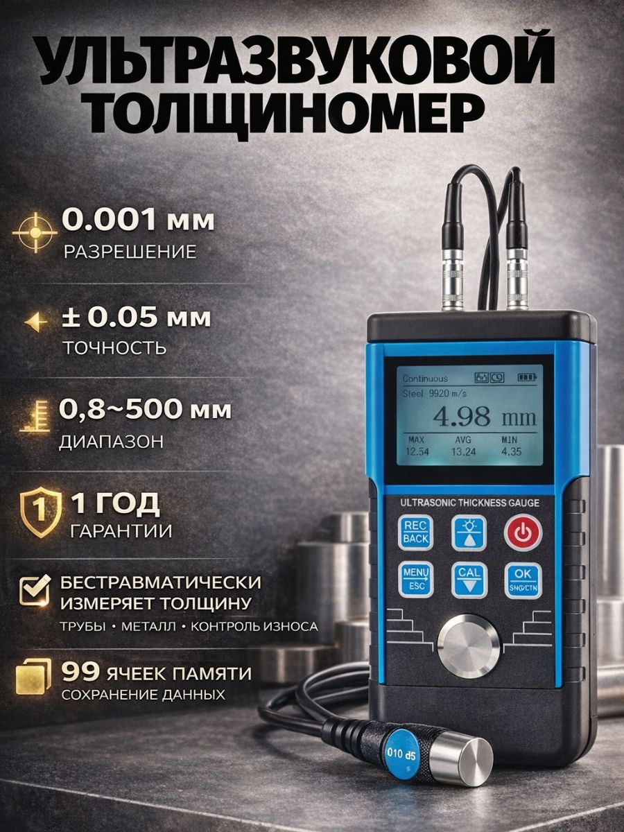 Толщиномер ультразвуковой цифровой, измеритель толщины материалов