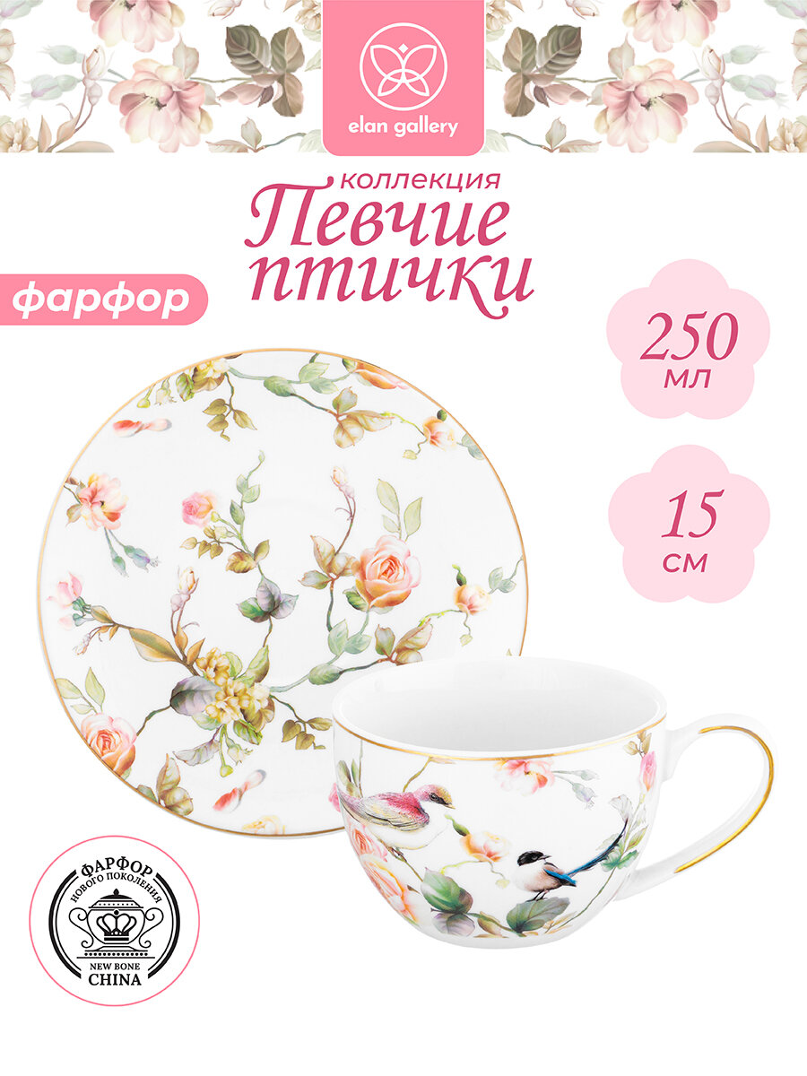 Чайная пара, чашка с блюдцем, кружка для чая, кофе 2 предмета 250 мл Elan Gallery Певчие птички