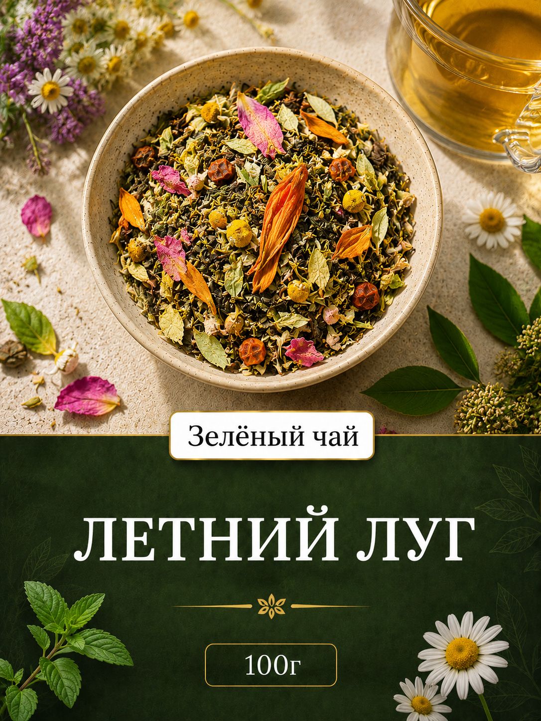 Чай зеленый Летний луг с травами (100 гр) Премиум сорт, натуральный чай от Твой Метод