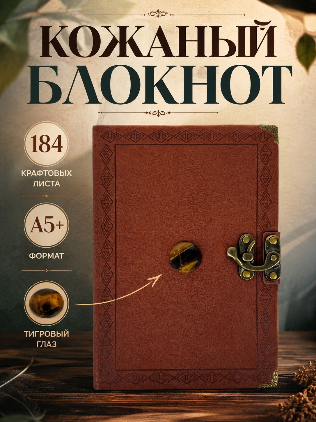 Кожаный блокнот для записей и рисования, винтажный скетчбук 184 листа, крафтовая бумага 100 гр, А5+