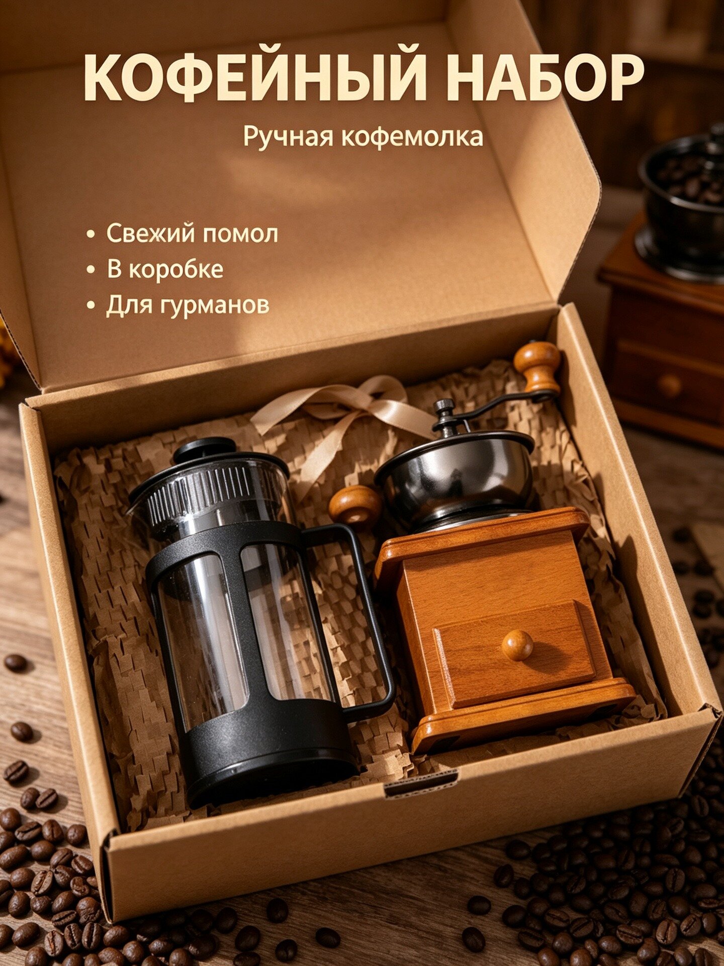 Кофейный набор с ручной кофемолкой, со стеклянной чашкой, в презентационной коробке