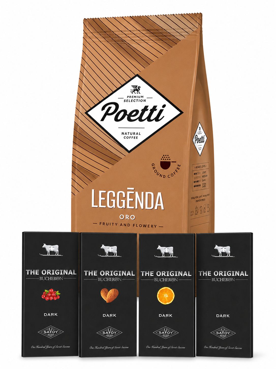 Подарочный набор кофе и шоколада Poetti Leggenda Oro 250 г + Bucheron ассорти 4 вкуса (62%, миндаль, апельсин, клюква)