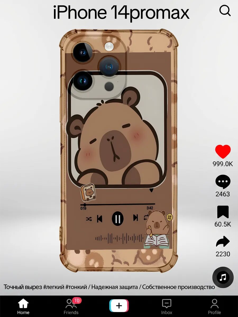 Чехол на iPhone 14 Pro Max с принтом Капибара плеер музыка