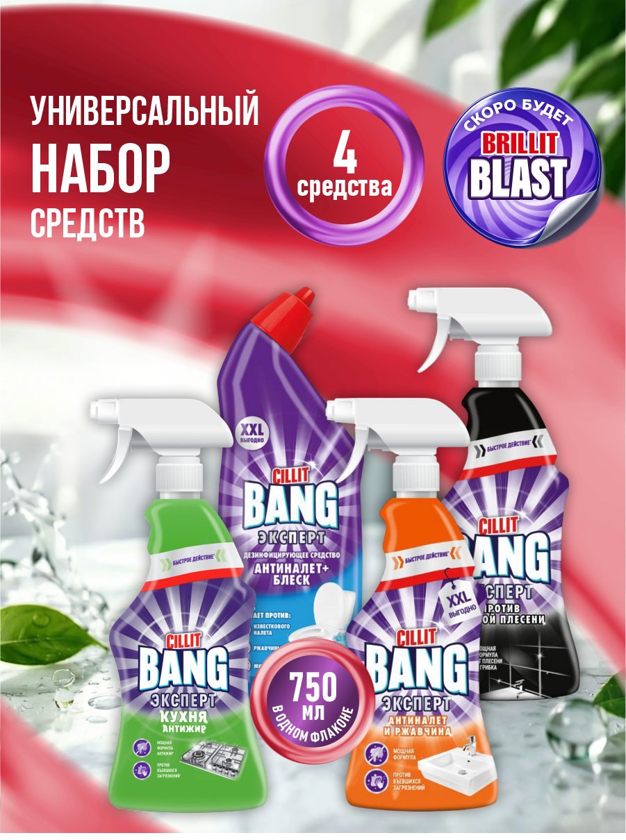 Набор CILLIT BANG Удаление черной плесени, Антиналет+Блеск, Антижир+Сияние, Антиналет+Блеск Океан