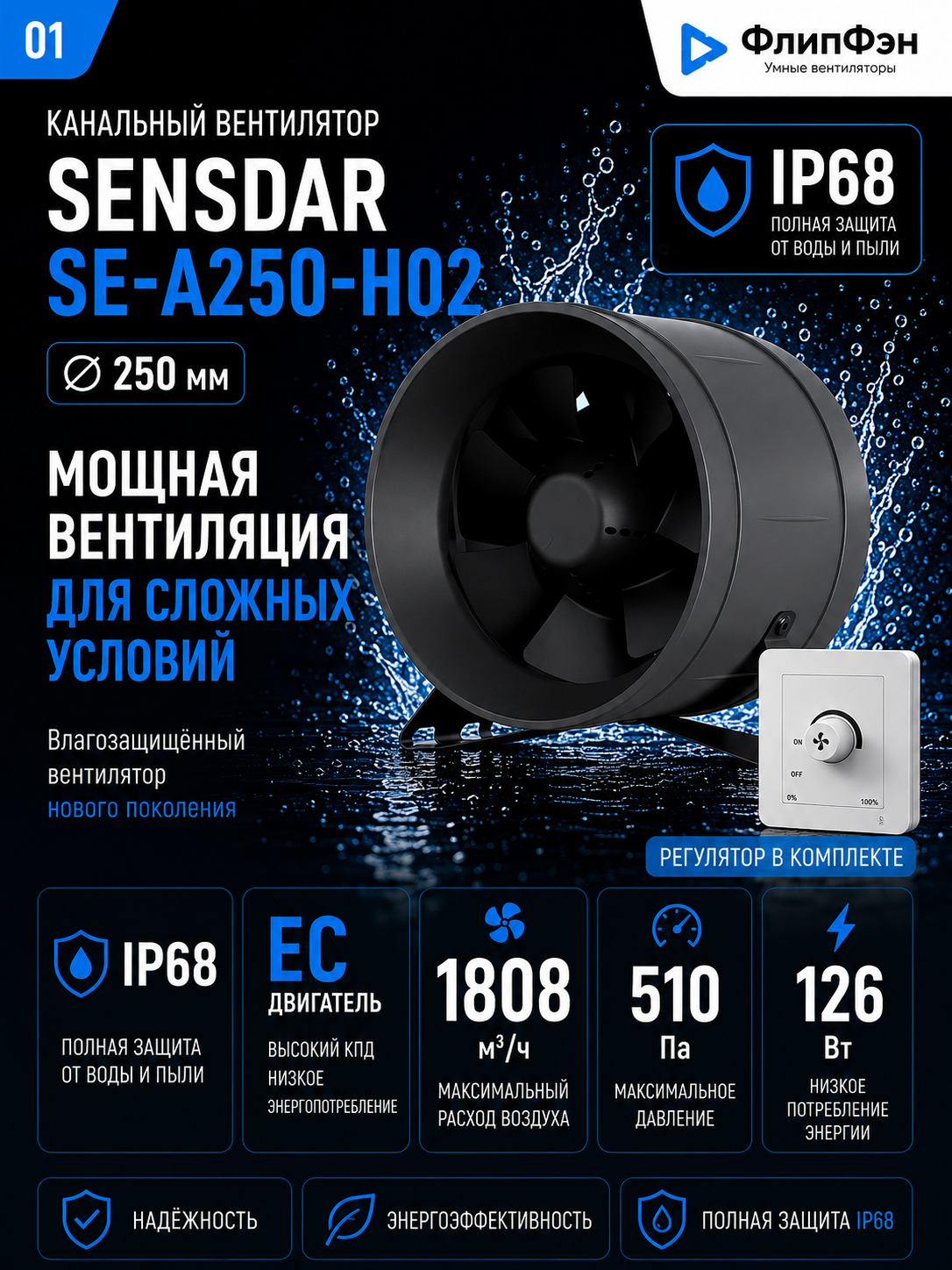 Канальный EC-вентилятор SENSDAR SE-A250-H02 250 мм IP68
