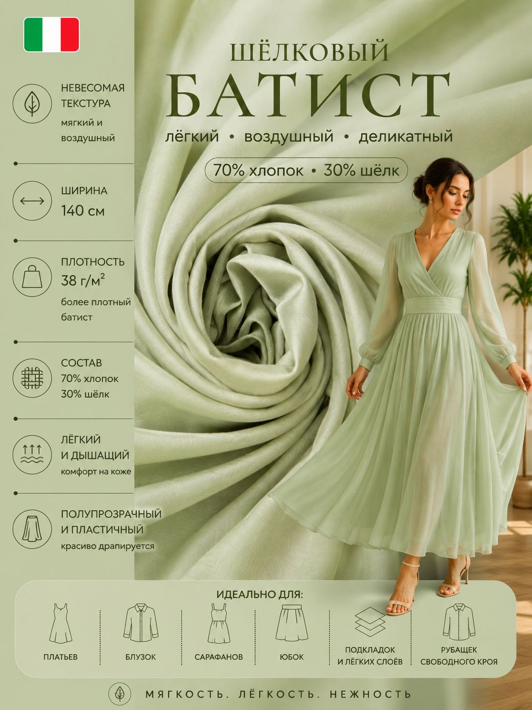 Итальянский батист шёлковая ткань (х/б 70, шёлк 30), ширина 140 см. Отрез 1.5 метра. Цвет бледно-фисташковый. Ткань Италия.