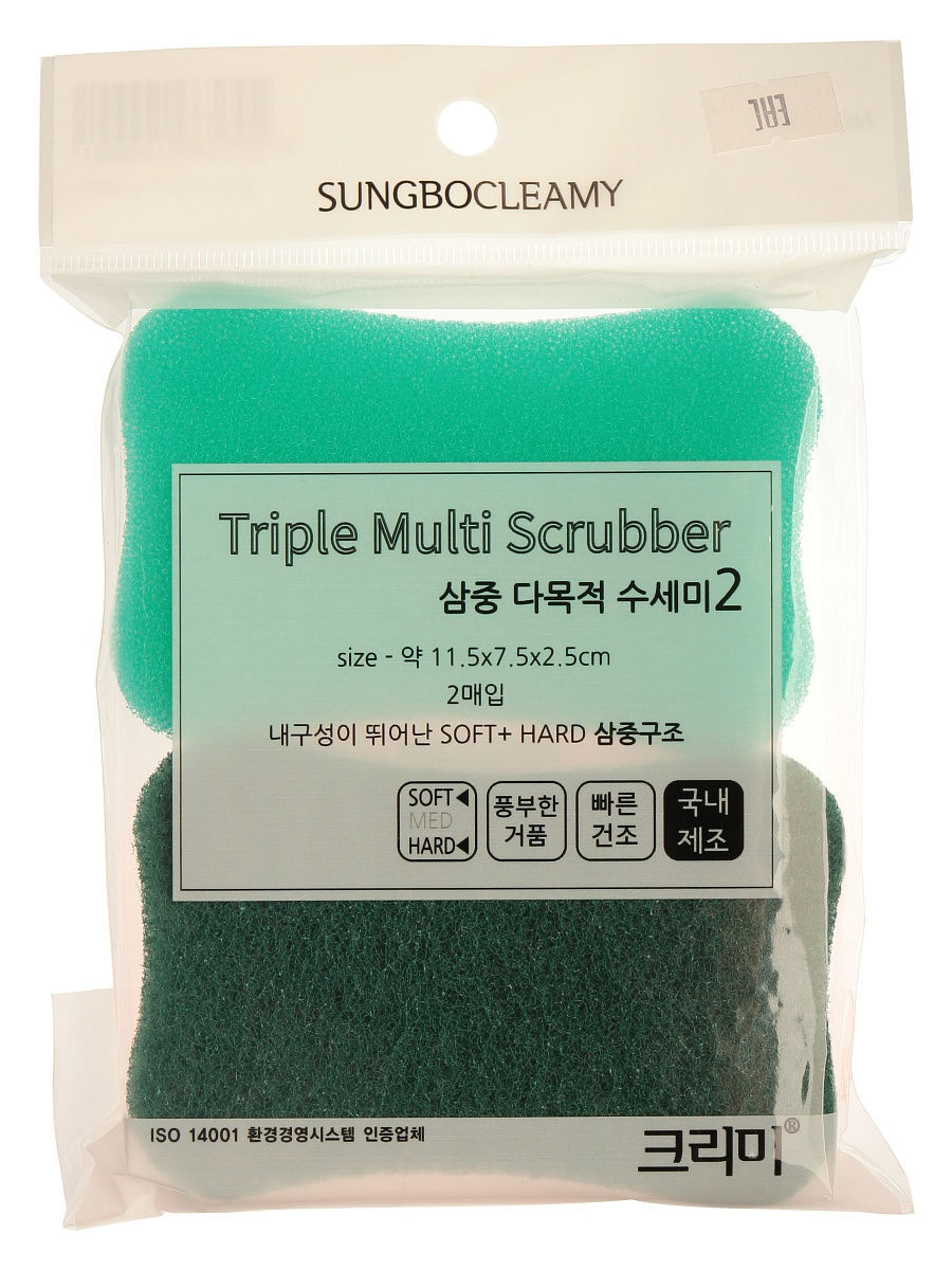 Sungbo Cleamy Губки-скрабберы набор 11,5 х 7,5 х 2,5 Triple Multi Scrubber,2шт/уп,1 уп
