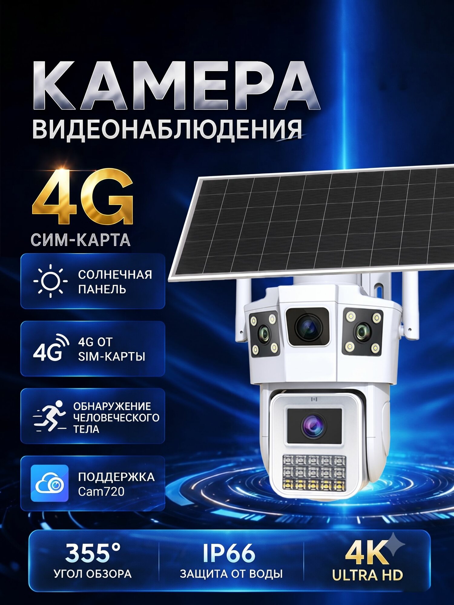 Солнечная 4G камера видеонаблюдения уличная, беспроводная IP камера с SIM-картой, AI детекция человека