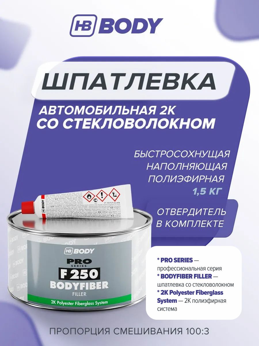 Шпатлевка автомобильная со стекловолокном 1,5 кг 2К зеленая с отвердителем в комплекте / HB BODY 250 / шпаклёвка стекловолокно для авто ремонта кузова