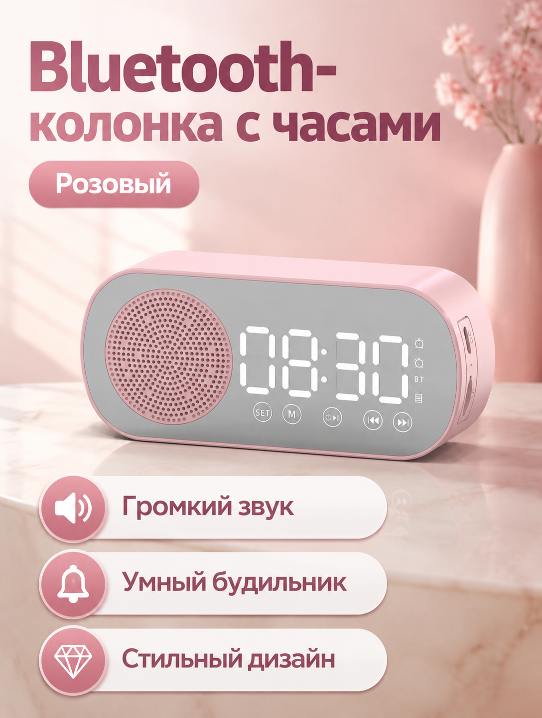 Портативная Bluetooth колонка с часами и будильником, версия 5.0, защита IPX5, глубокий бас, пластиковый корпус, розовый цвет