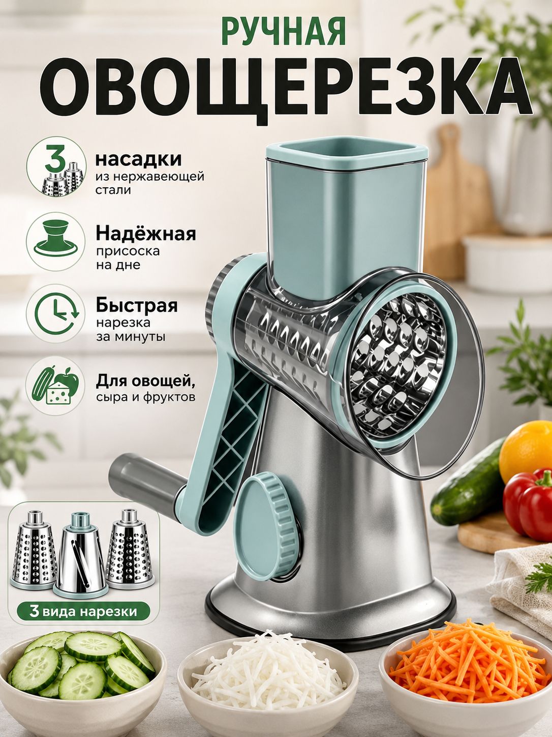 Терка для овощей и сыра ручная роторная, 3 барабанные насадки из нержавеющей стали, корпус ABS, основание с присоской, 21,51024 см