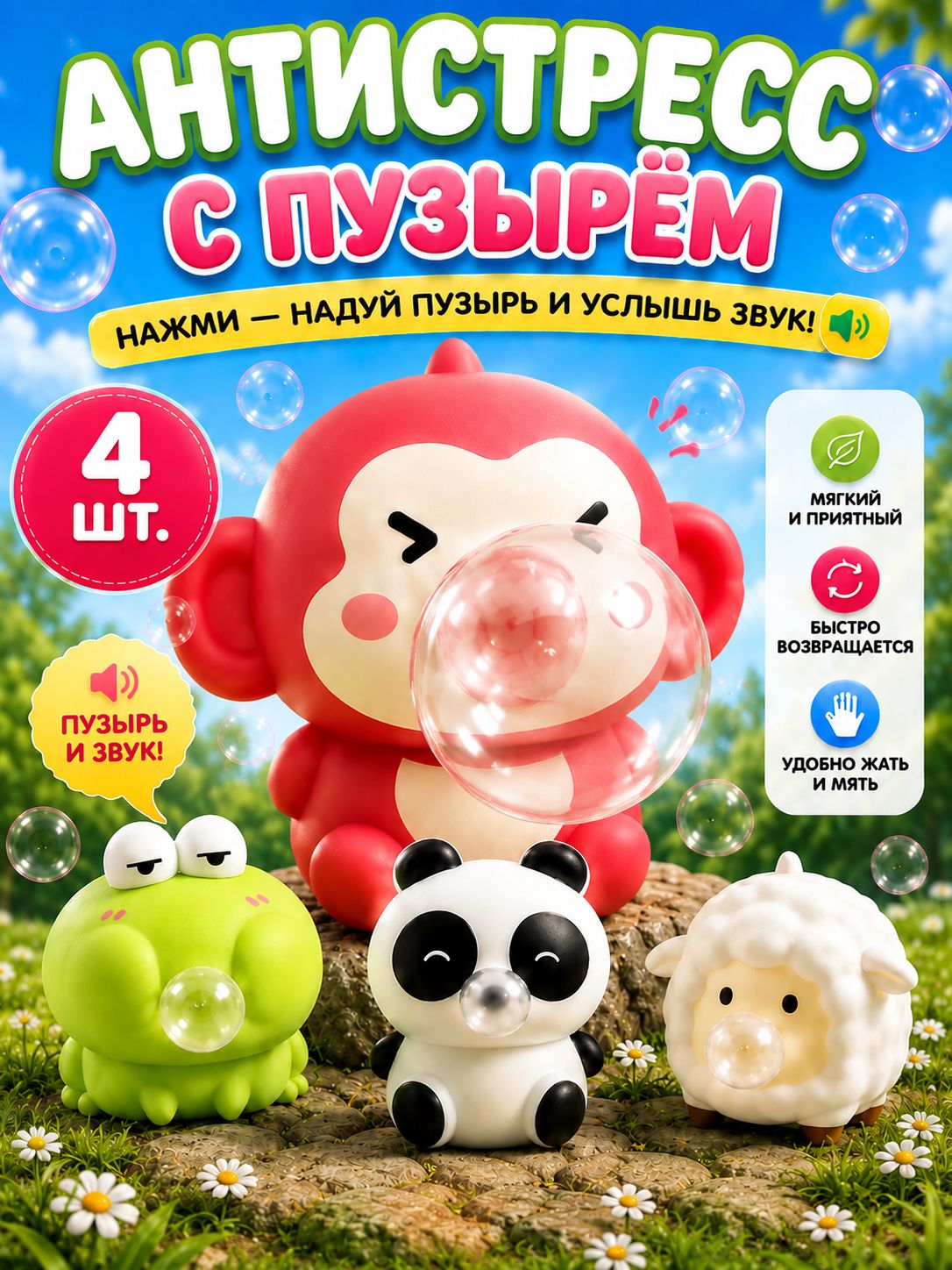 Набор игрушек-антистрессов с пузырьком и звуком, мягкие сквиши в виде животных для детей и взрослых, 4 шт.