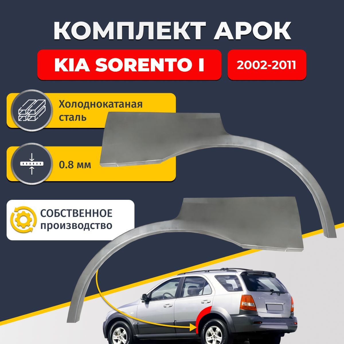 12-21В5 Kia Sorento 1 2002-2011. Комплект задних ремонтных арок для автомобиля (2 шт.), Киа Соренто 1. Холоднокатаная сталь 0,8 мм.