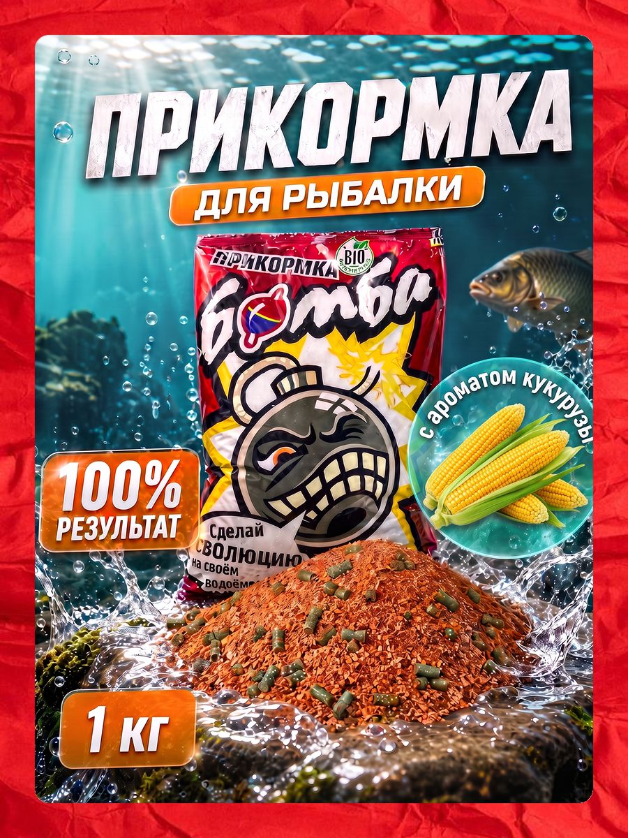 Прикормка для рыбалки кукуруза Флэт фидер (Смесь Бомба, 1кг) биотехнология