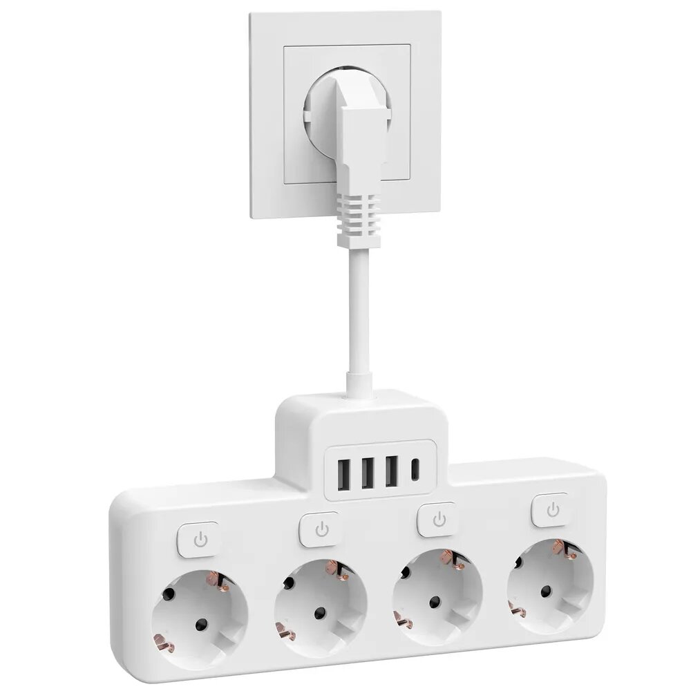 HITRENDS Удлинитель с USB (3 порта) и Type-C белая розетка на 4 гнезда для быстрой зарядки