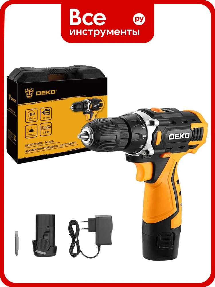Аккумуляторная дрель-шуруповерт DEKO DKCD12V в кейсе, 12В, 2x1.5Ач 083-1006