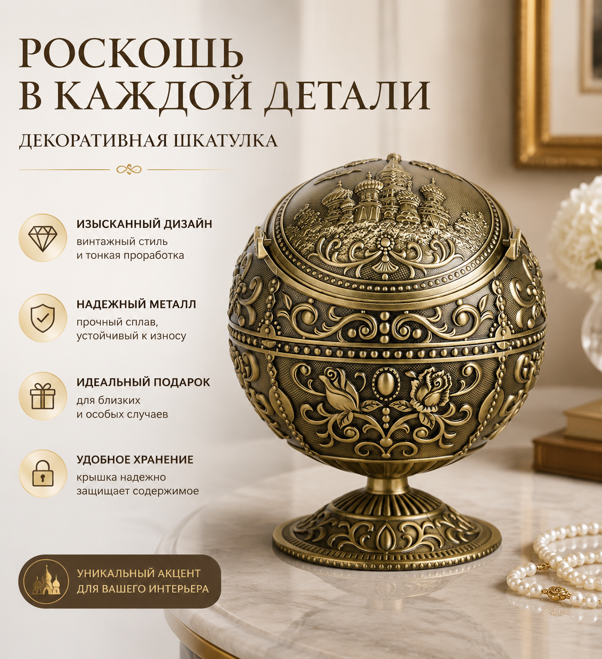 Винтажная сферическая металлическая шкатулка с гравировкой для украшений и памятных мелочей