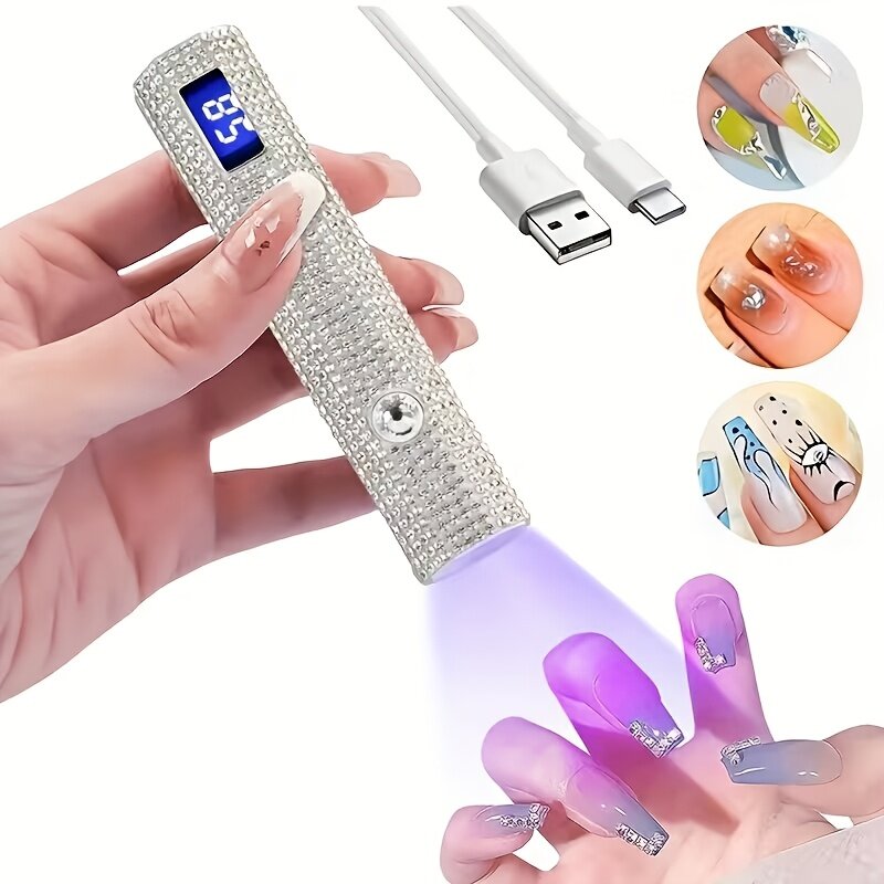 Портативная мини-лампа для сушки гель-лака USB с инкрустацией белыми камнями, лупой 8х и 8 светодиодами, серебристая