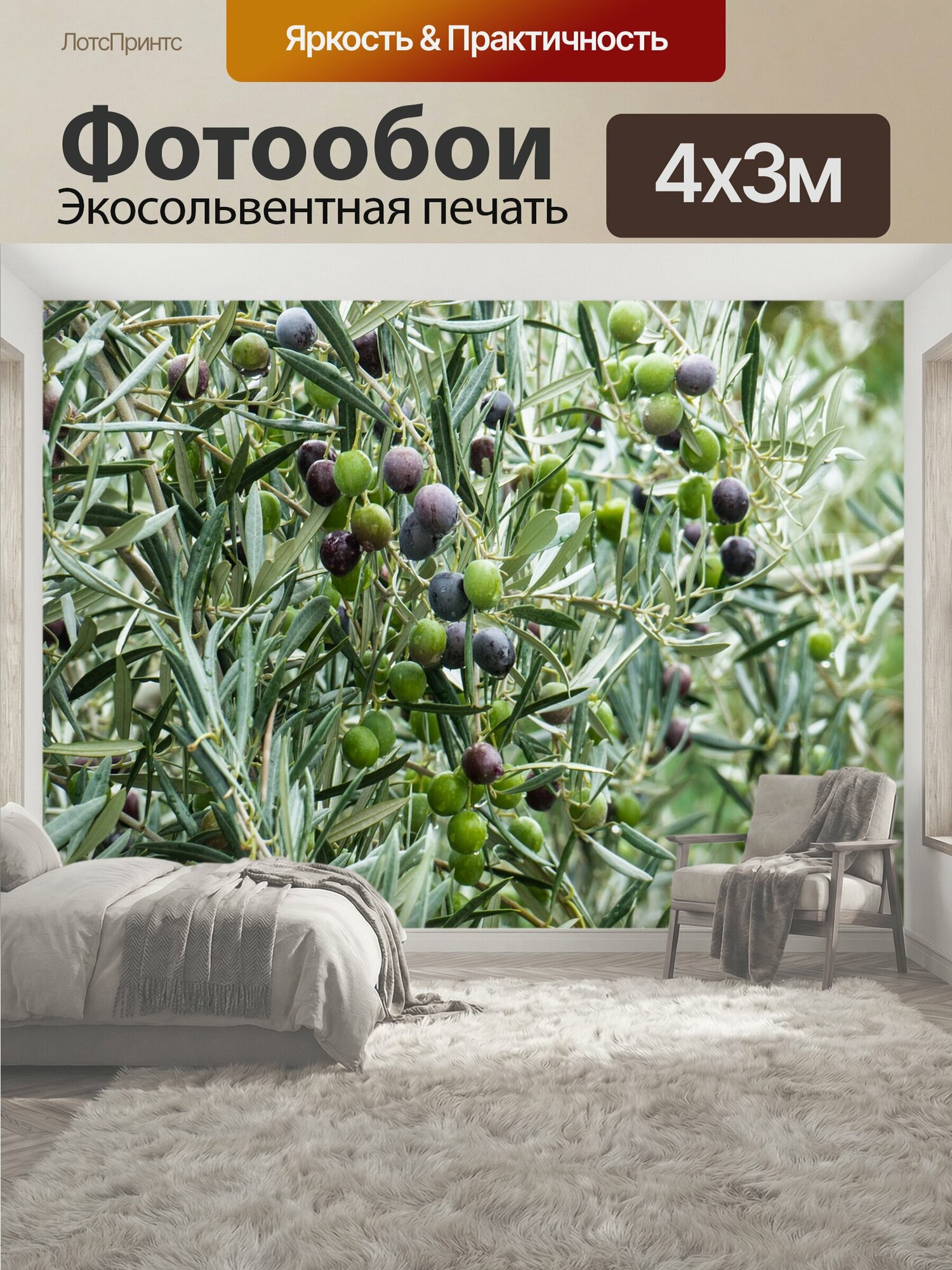 Фотообои "Оливковый, зеленый, оливки" 400x300 см. экосольвентная печать