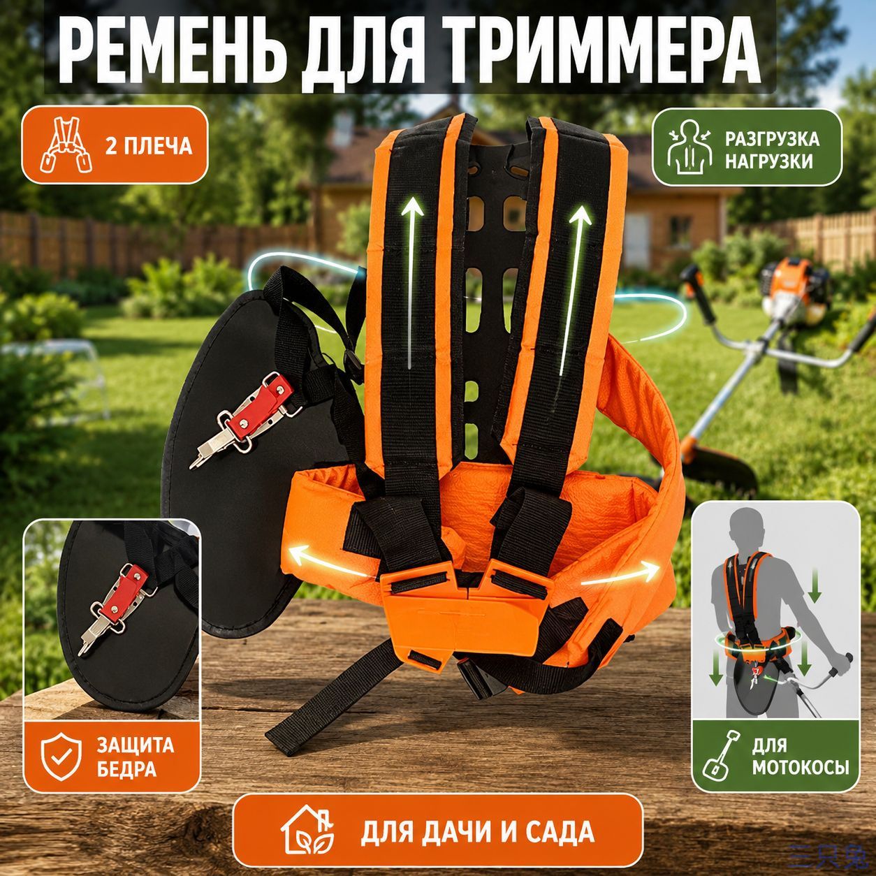 Ремень для триммера 2 плеча, разгрузочный ремень для мотокосы с защитой бедра, подвес для садовой техники