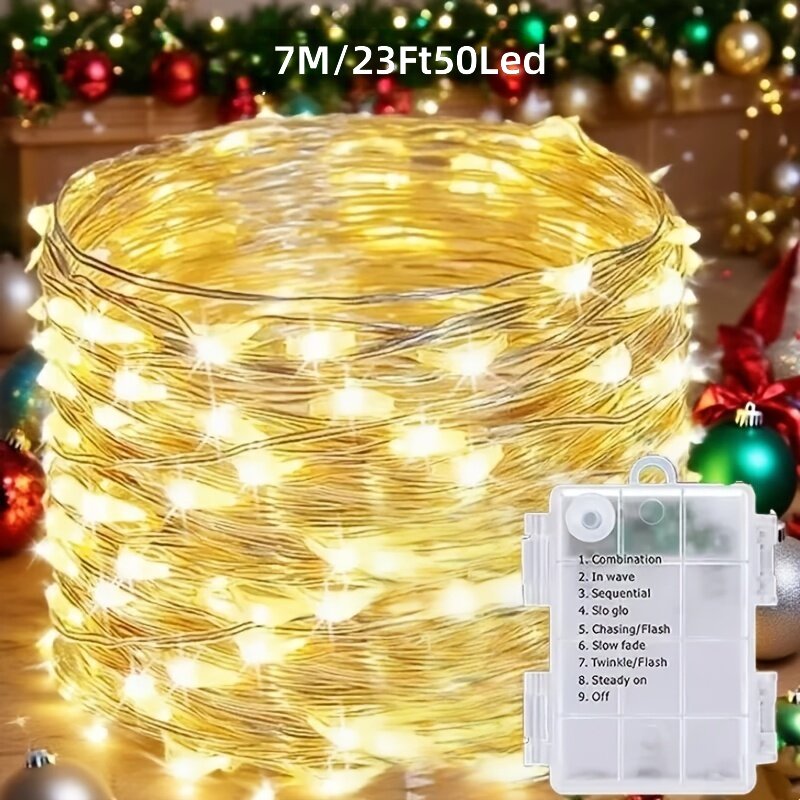Гирлянда светодиодная декоративная на батарейках, 50 LED, длина 23 фута, теплый свет