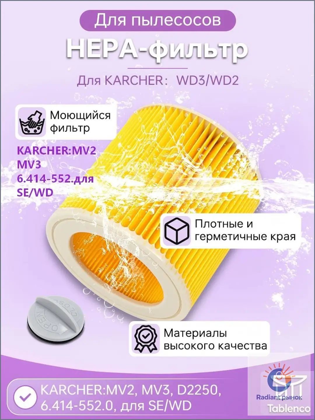 Фильтр моющийся, стандартный размер для сухой и влажной уборки, эффективная очистка мелкой пыли для пылесосов Керхер Karcher WD3, WD2 Plus, WD3 Premium, KWD1 W V12/2/18, артикул 6.414-552.0