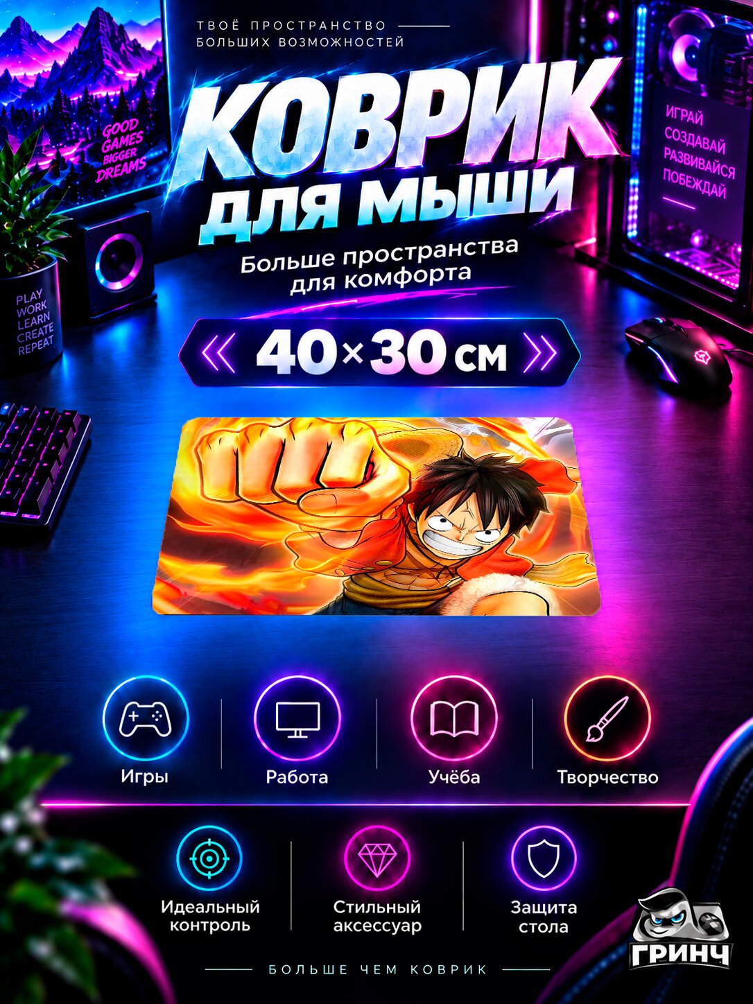 Игровой коврик для мыши 40×30 см — One Piece / Ван-Пис — Monkey D Luffy Onepiece