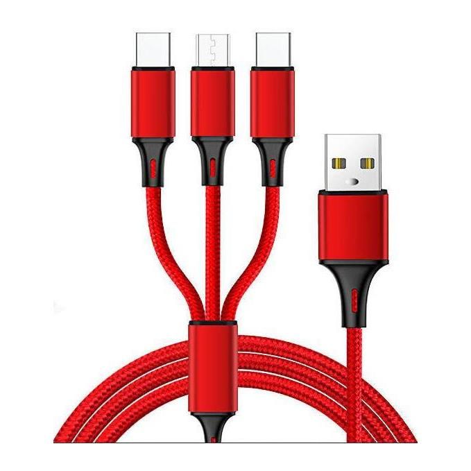 USB штекер - Type-C+USB-микро+ iPhone (3 в 1) шнур 2.6А красный