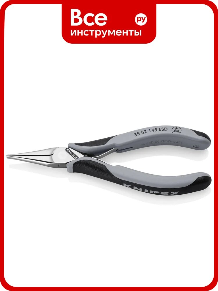 Длинногубцы захватные для электроники Knipex ESD, антистатические, плоские губки, 145 мм, 2-комп ручки KN-3552145ESD
