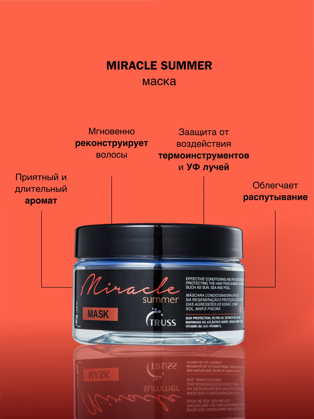 Маска для волос TRUSS Professional Miracle Summer Mask 180g, защита цвета от солнечных лучей, освежающий аромат.