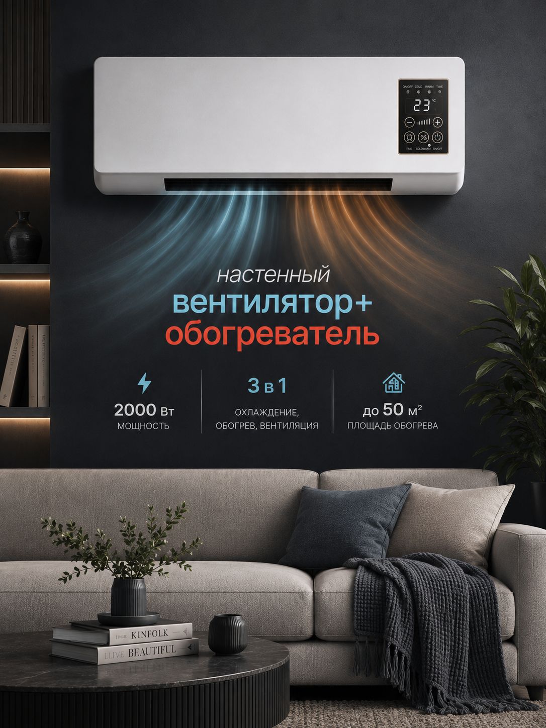 Обогреватель для дома настенный электрический, 2000W, 50 кв. м