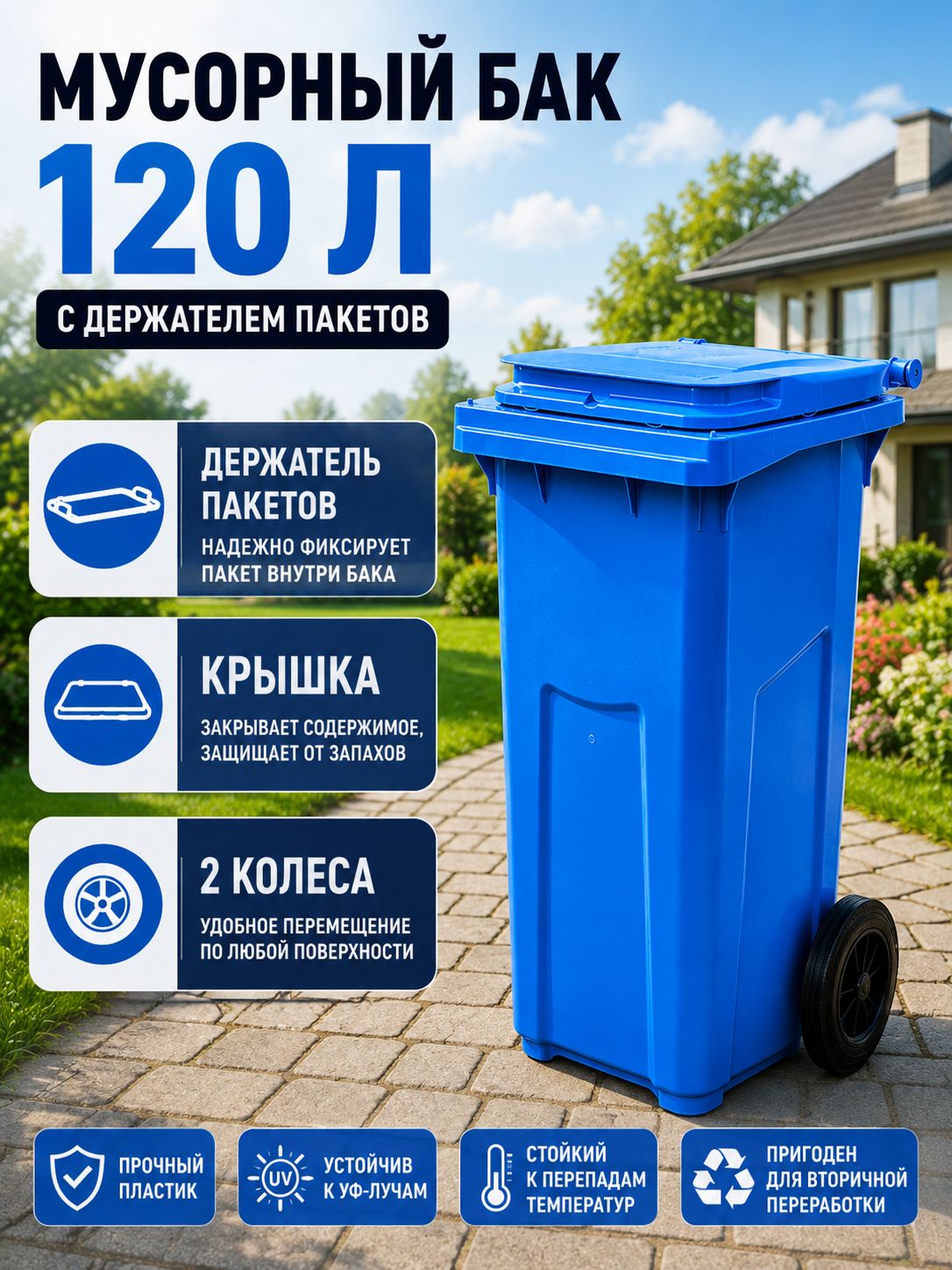 Мусорный бак с держателем пакетов в комплекте, контейнер для мусора 120 л, с крышкой, на колесах