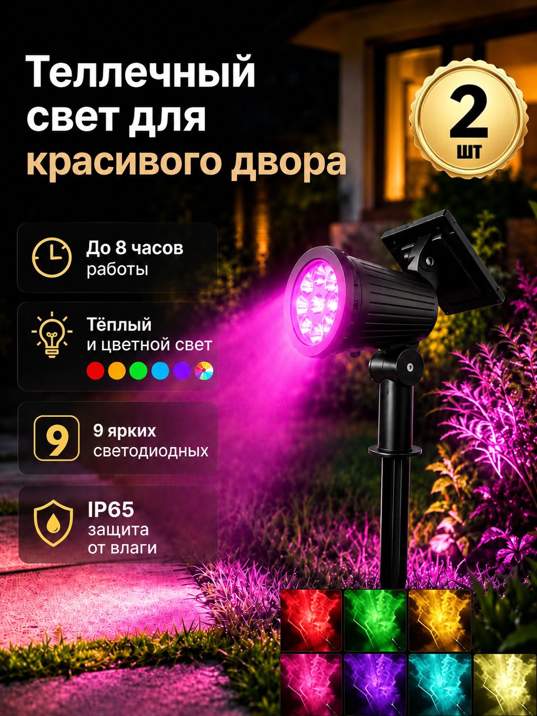 Солнечный RGB прожектор для сада, уличный садовый светильник для деревьев и растений, датчик света, IP65, 7 цветов подсветки,2штук
