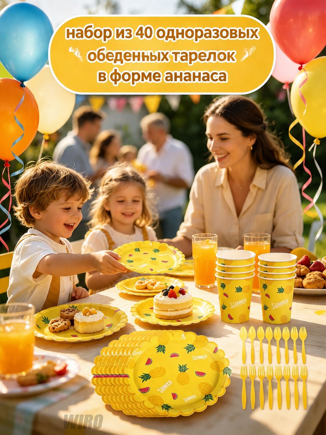 Желтый набор одноразовой паперовой и пластиковой посуды для гавайской вечеринки и праздников, 40 предметов