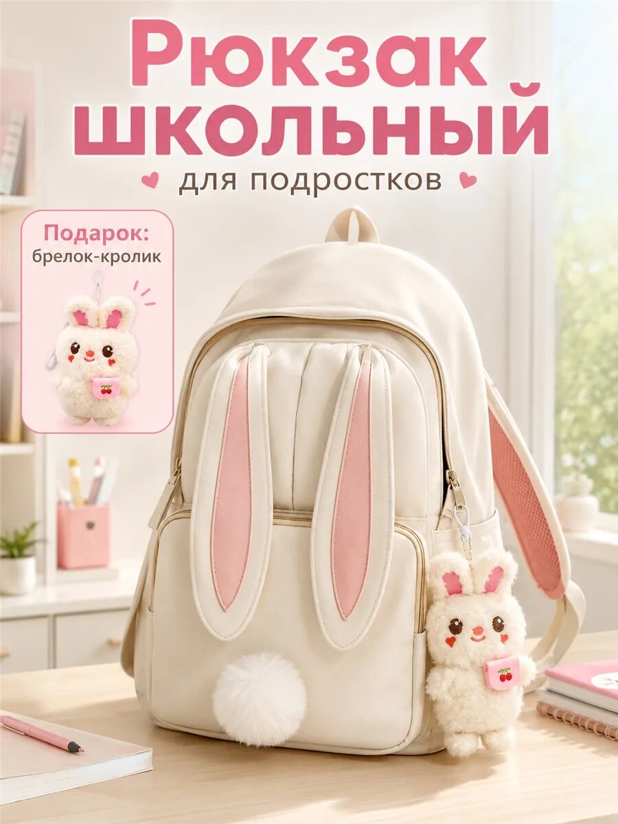 Рюкзак школьный розовый с ушками и зайчиком 41 см