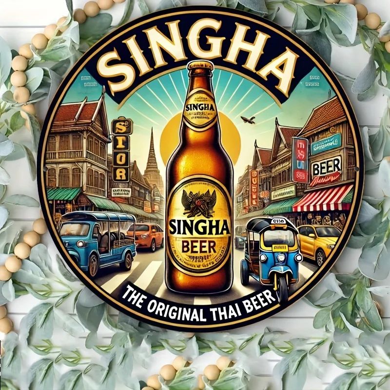 2D плоская винтажная металлическая настенная табличка с логотипом пива Singha - ретро-дизайн тайского городского пейзажа, прочный алюминий, легко крепится, идеально подходит для кафе.