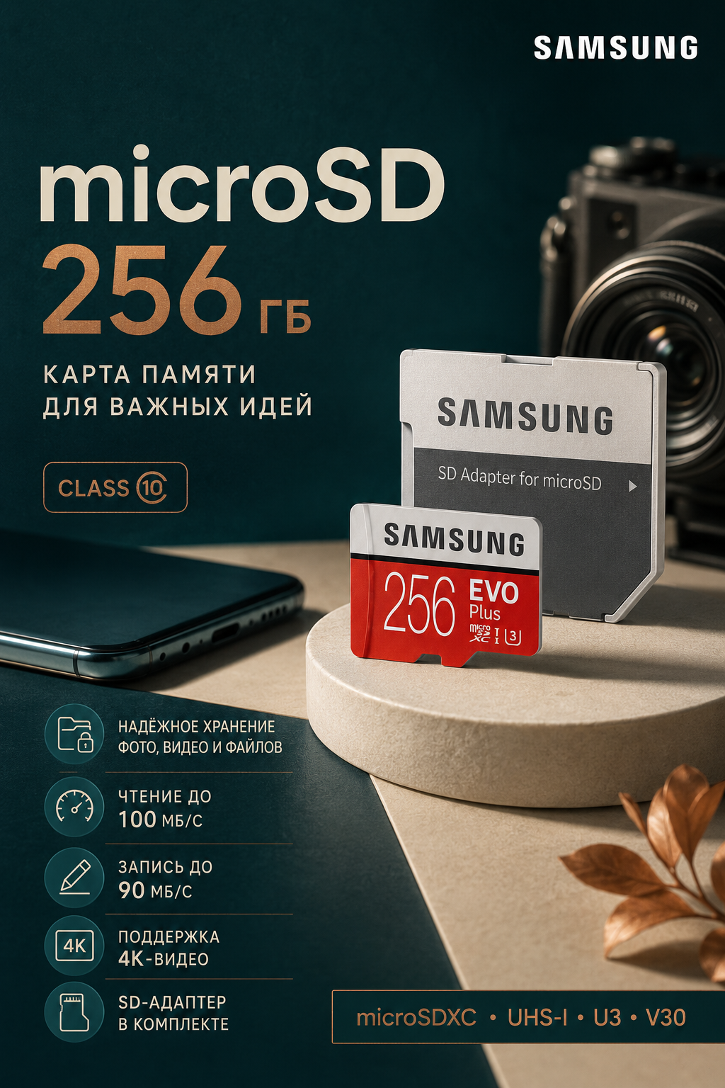 256 ГБ Карта памяти microSDXC EVO Plus (MB-MC512SA), UHS-I U3, Class 10