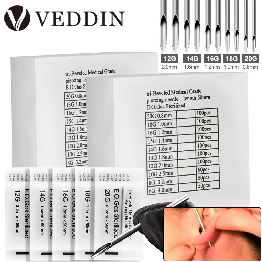 Одноразовые иглы для пирсинга VEDDIN 12G 14G 16G 18G 20G