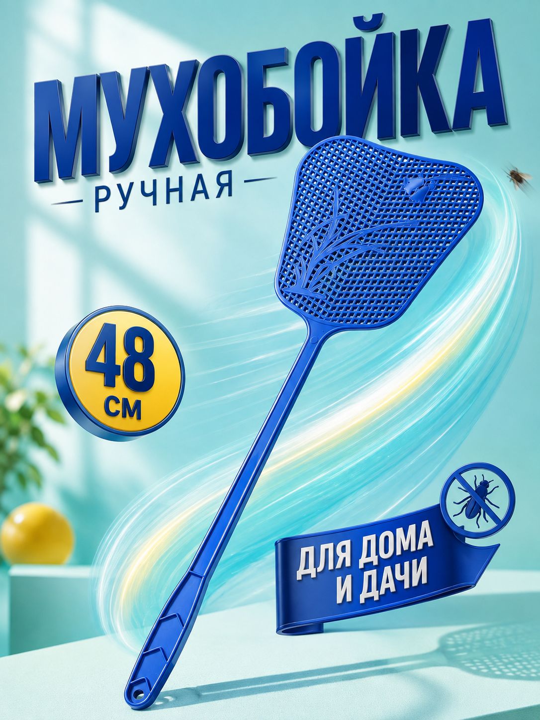 Мухобойка ручная 48 см, хлопушка для мух и комаров, гибкий пластик, синяя