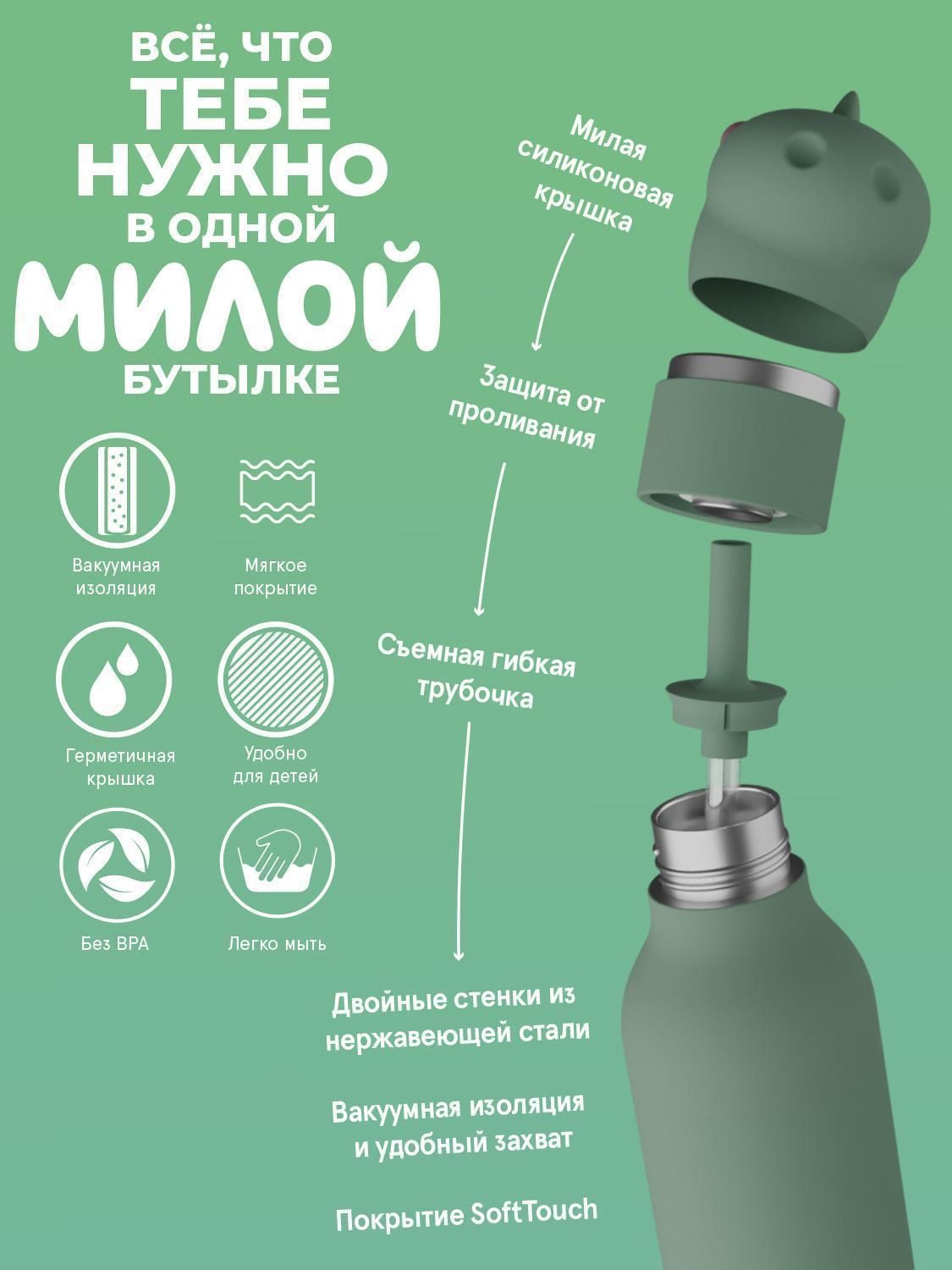 Термо бутылка для воды с трубочкой ASOBU Bestie Динозавр 460 мл — фото 1