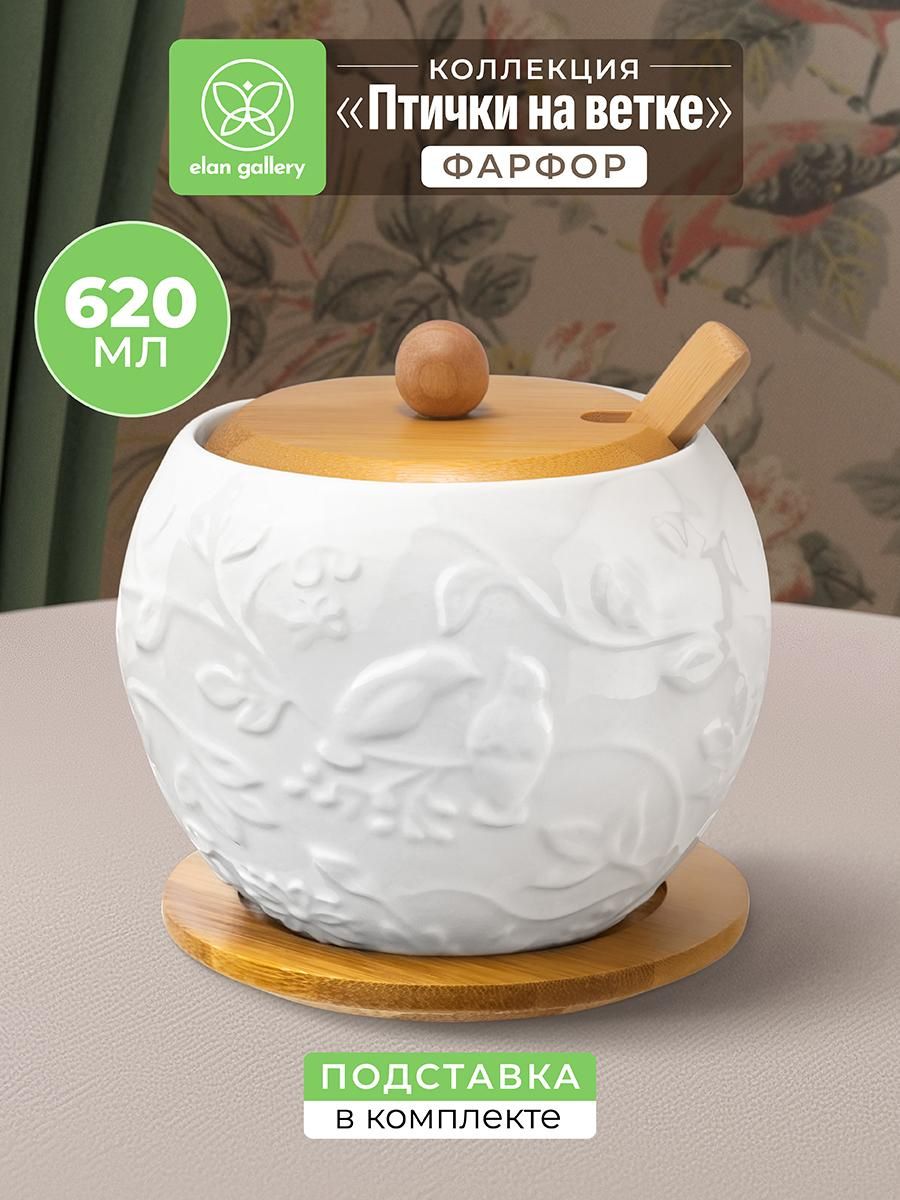 Сахарница 620 мл 12х12х12 см Elan Gallery Птички на ветке с деревянной крышкой, с ложкой, на деревянной подставке