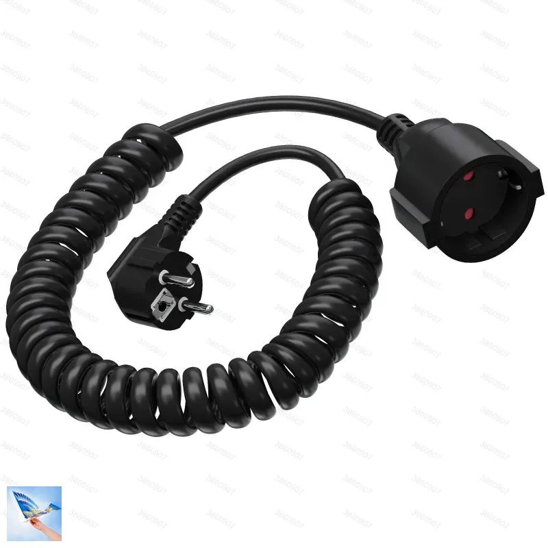 HITRENDS Удлинитель с пружинным кабелем, 1 евророзетка (чёрный), 250V 13A, 3250W, кабель 2м, защита от перегрузки, огнестойкий