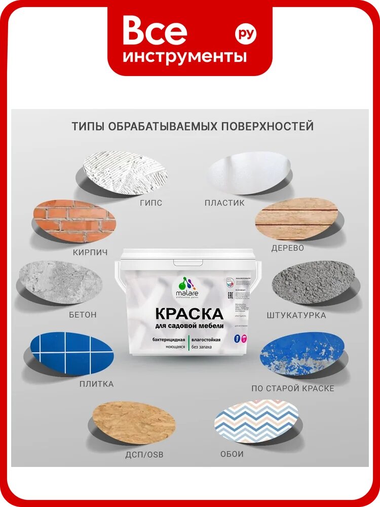 Акриловая краска MALARE для садовой мебели, по дереву, для наружных и внутренних работ, моющаяся без запаха матовая, сахарный вихрь, 2 кг. КСДМБАСАВМ0200