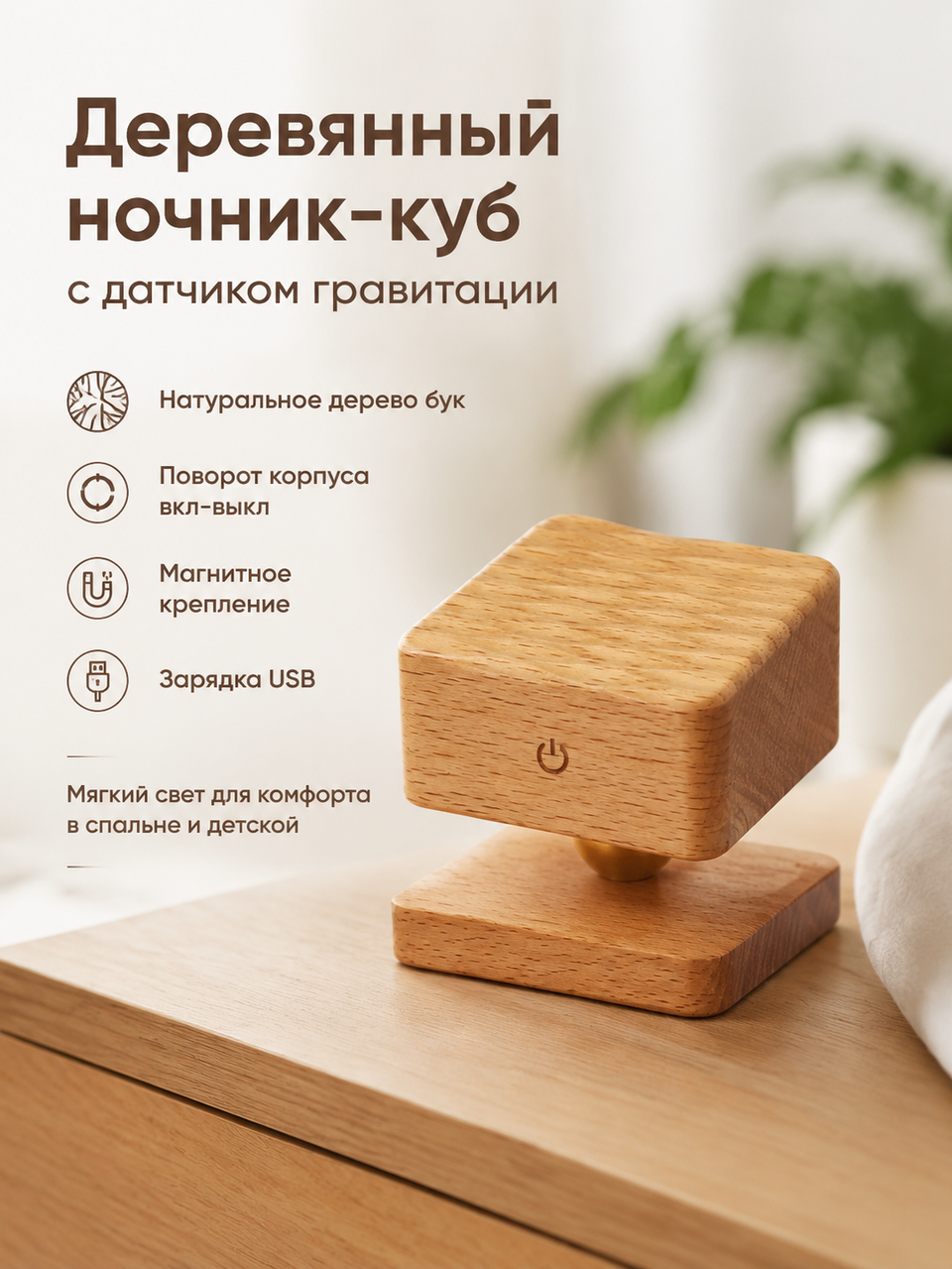 Ночник деревянный светлый из бука, куб, беспроводной сенсорный на магните с датчиком гравитации, тёплый свет