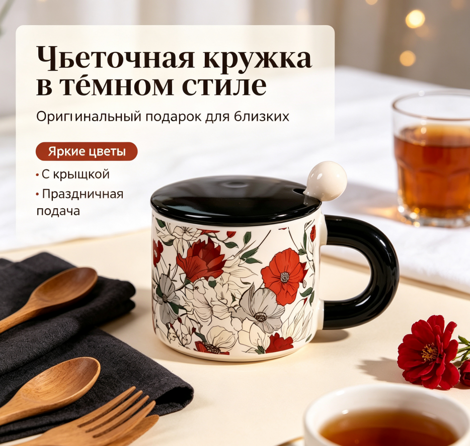 Керамическая кружка с крышкой в винтажном цветочном стиле, большая емкость, кофейная кружка для дома, красивая