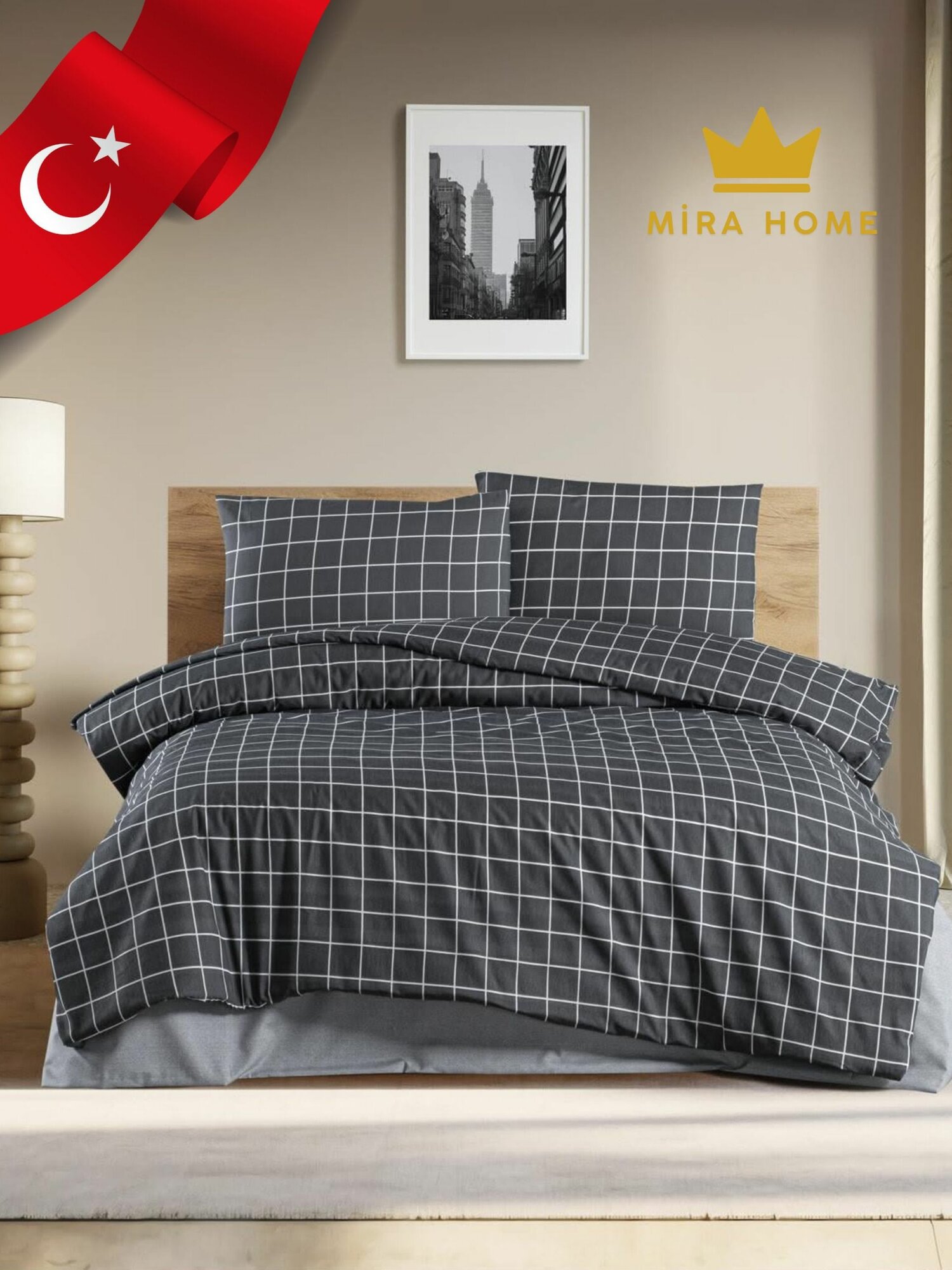 Mira Home Комплект постельного белья 2-спальный с простыней Евро бязь 200x220 см, наволочки 50x70, простыня 160x200, 200x220 см, цветчерно-серый