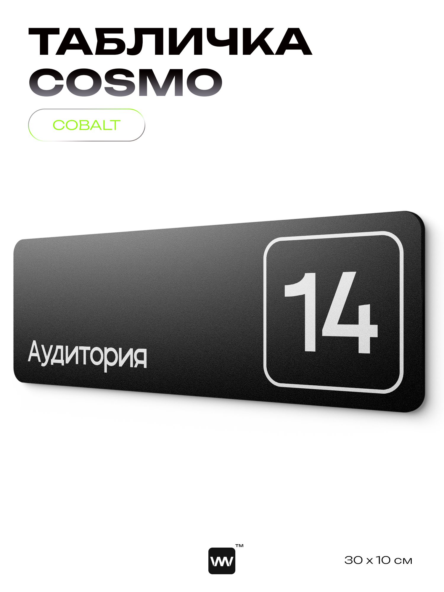 Таблички с номером аудитории "Аудитория №14", для офиса, 30 х 10 см, серия COSMO 3010, черная, Айдентика Технолоджи