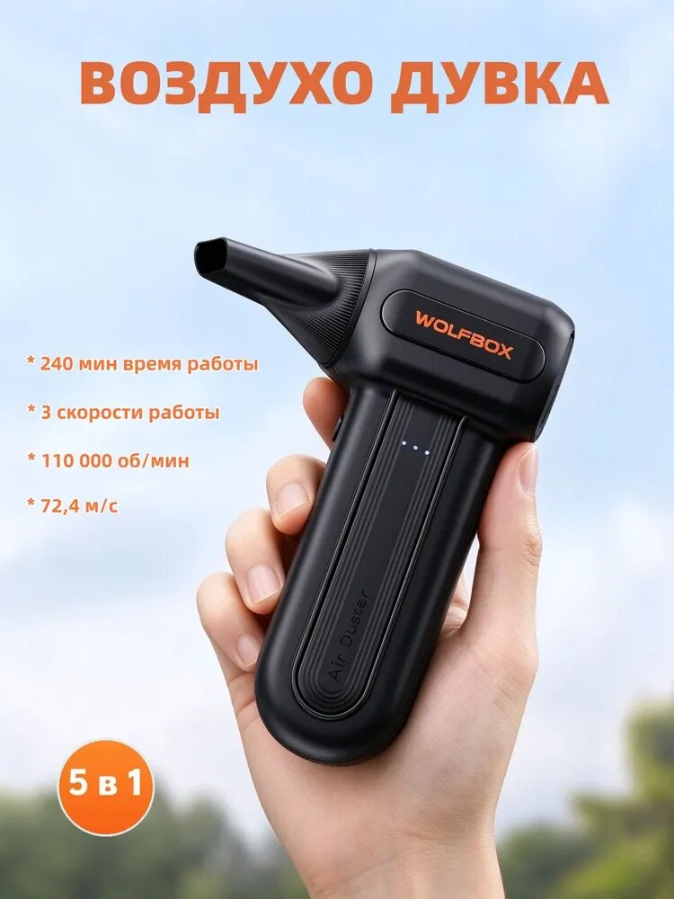 WOLFBOX MF60 беспроводной электрический пылесдув, 110 000 об/мин, 3 скорости, перезаряжаемый воздушный фен для клавиатуры ПК, авто и дома, 5 насадок